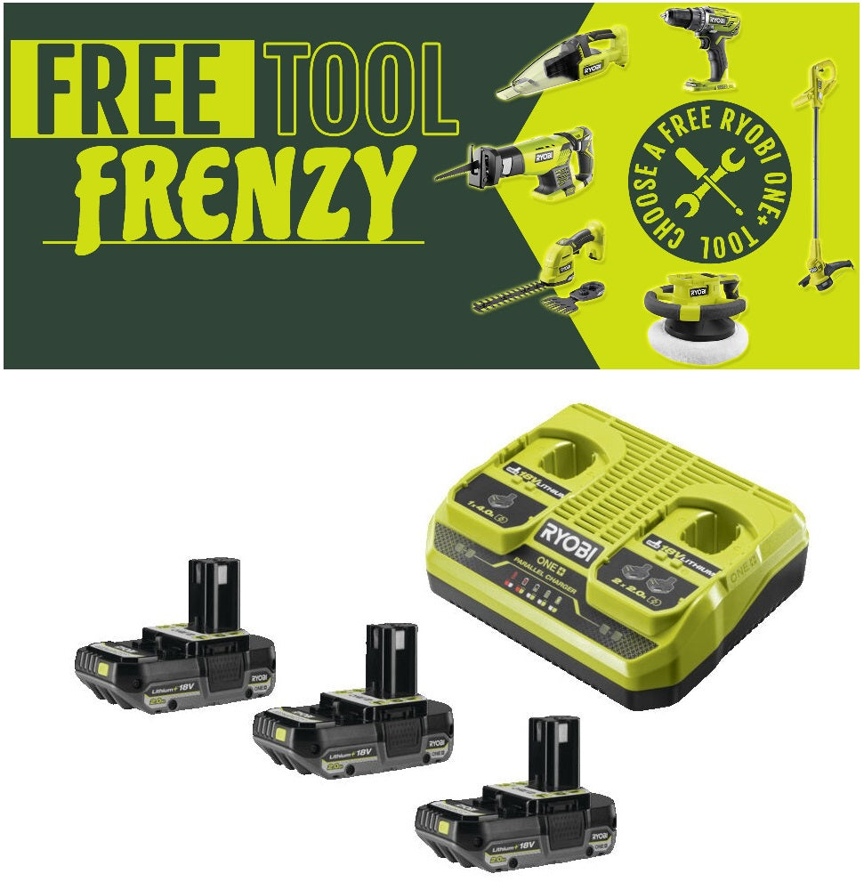 Ryobi ONE+ Dual Port Parallel Charger Kit (3x 2.0Ah Battery) 18V RC182
